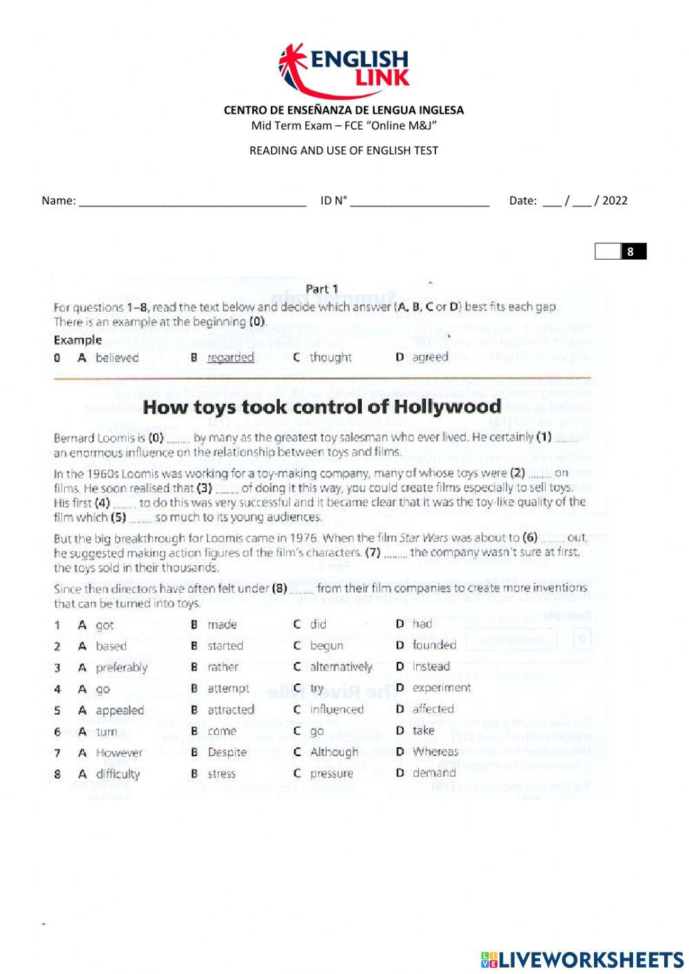 MID TERM EXAM - READING AND USE OF E. worksheet | Live Worksheets