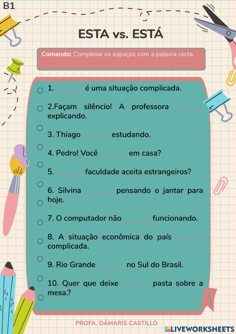 ESTÁ vs. ESTA 2 2088734 | Dámaris | Live Worksheets