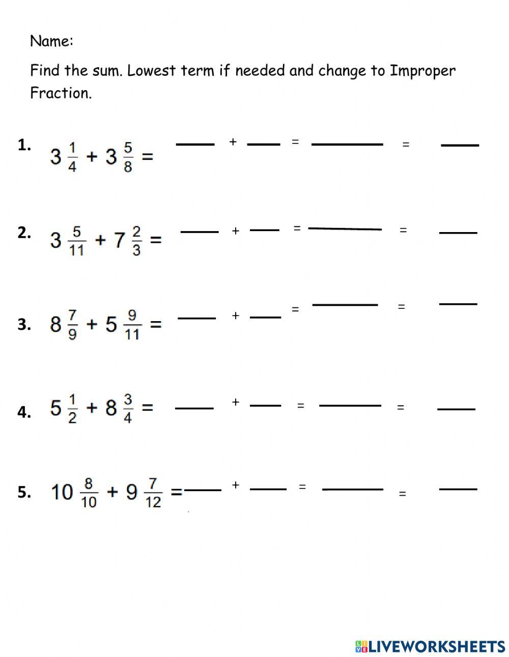 Adding and Subtracting Dissimilar Mixed Fractions 2395051