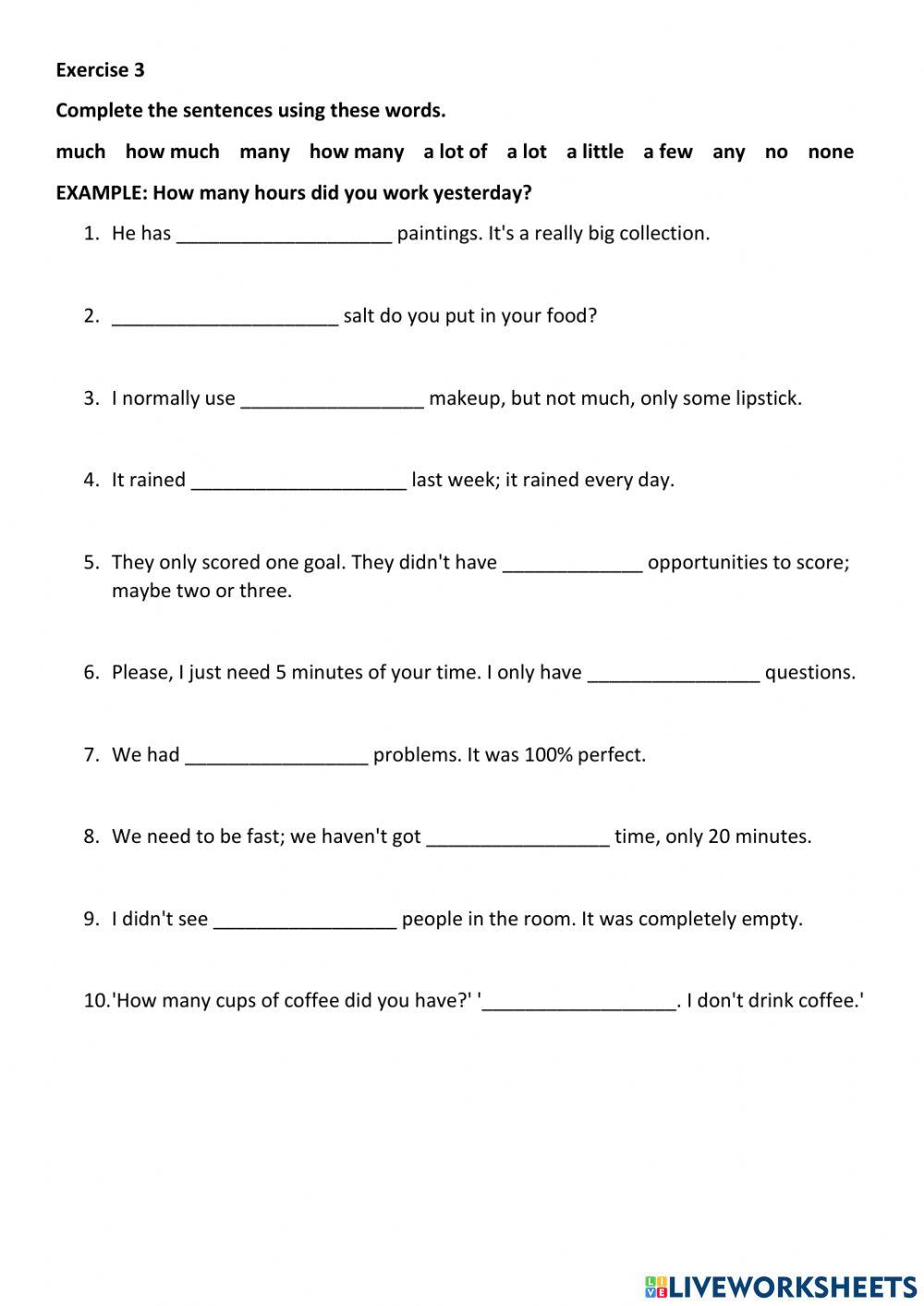 Few, many, much, a lot of worksheet | Live Worksheets