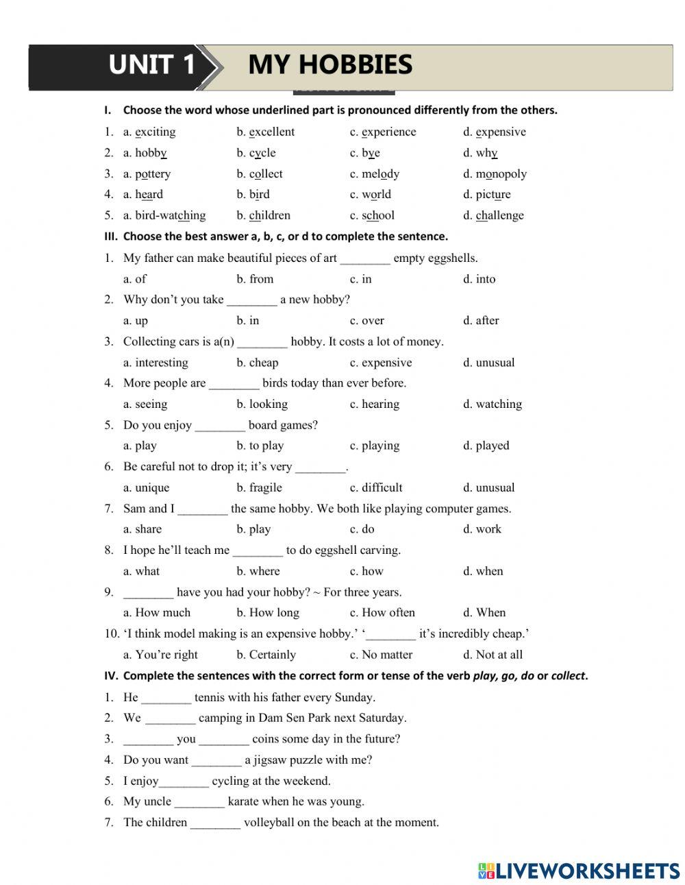 G7 U1 Hobbies Test yourself worksheet | Live Worksheets