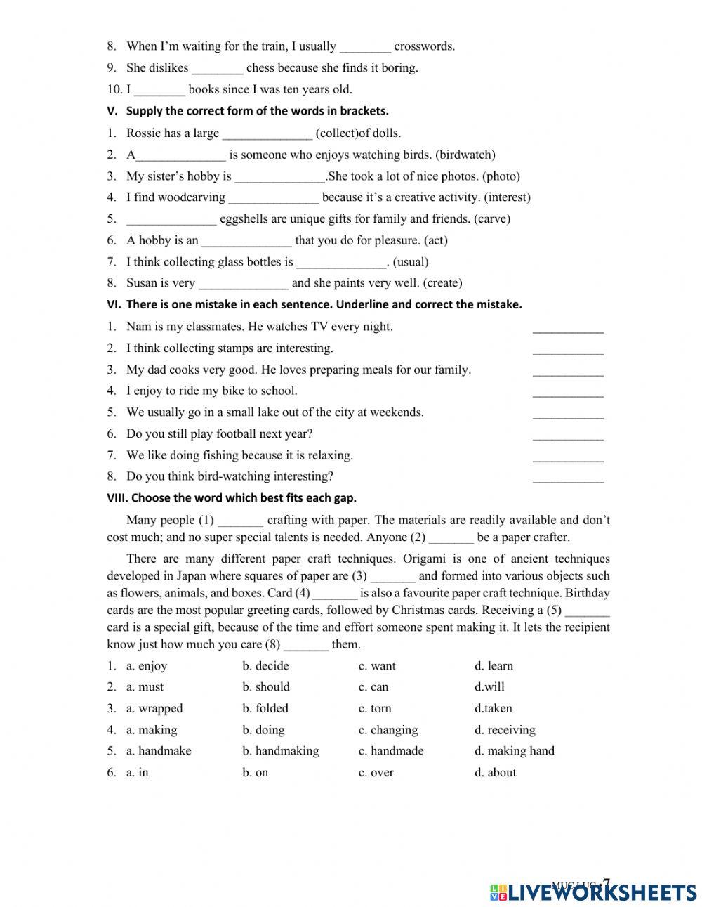 G7 U1 Hobbies Test yourself worksheet | Live Worksheets