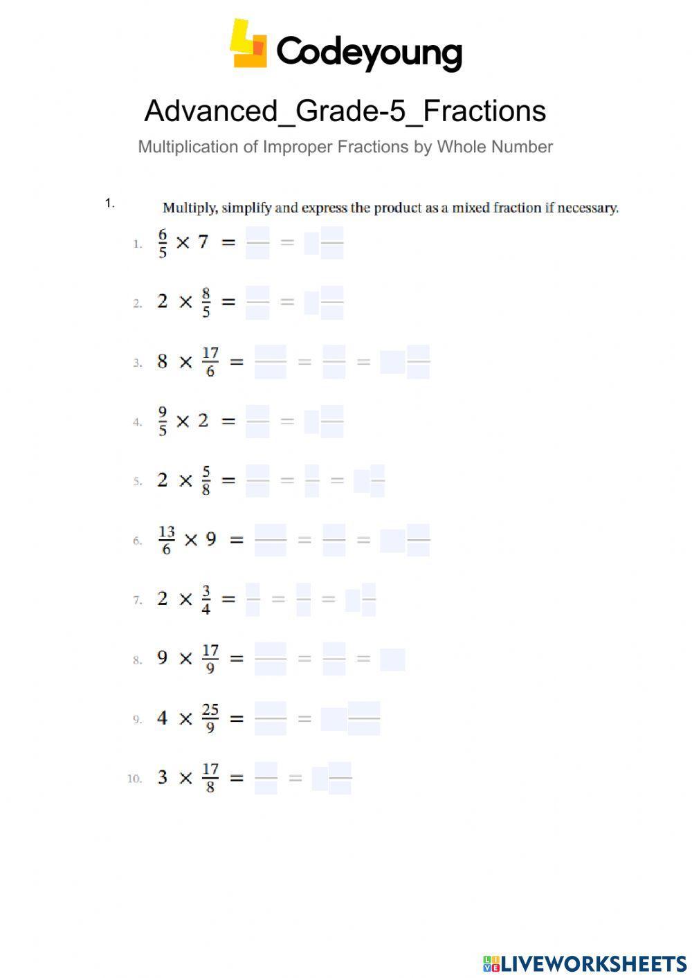 Advanced-Multiplication of Improper Fractions by Whole Number worksheet ...
