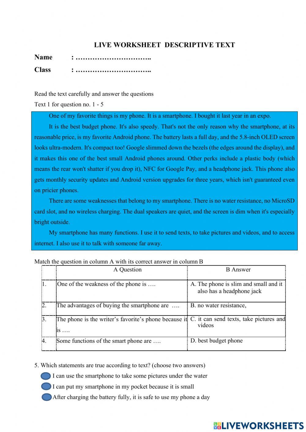 Descriptive Text | Free Interactive Worksheets | 2089633