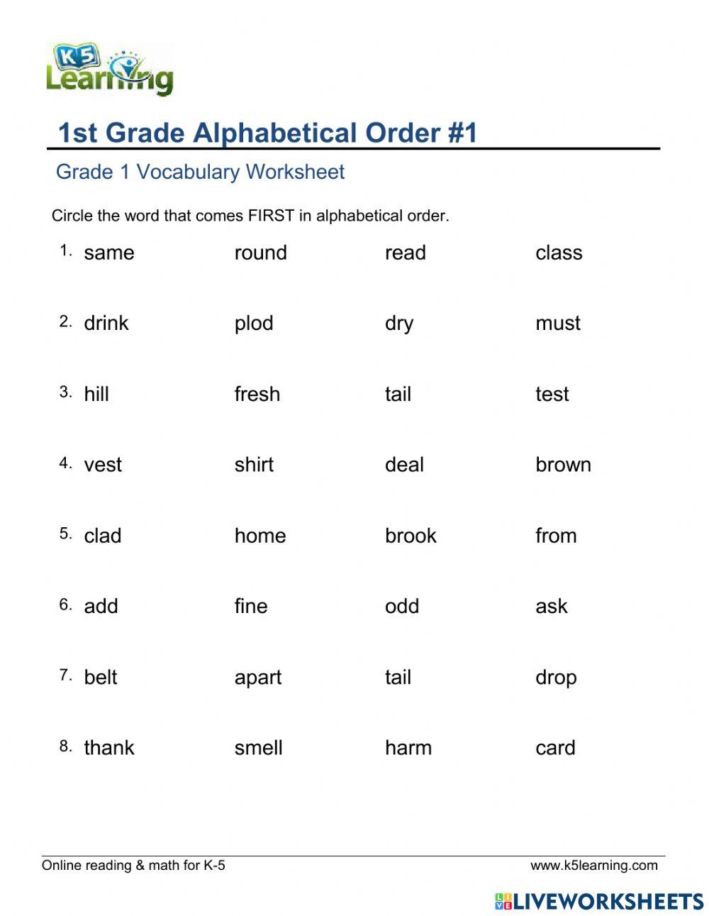 Alphabetical Order online worksheet for Grade 1-3 | Live Worksheets