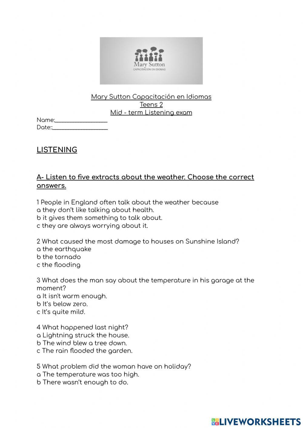 listening exam teens 2 2022 3612114 | macarena1990 | Live