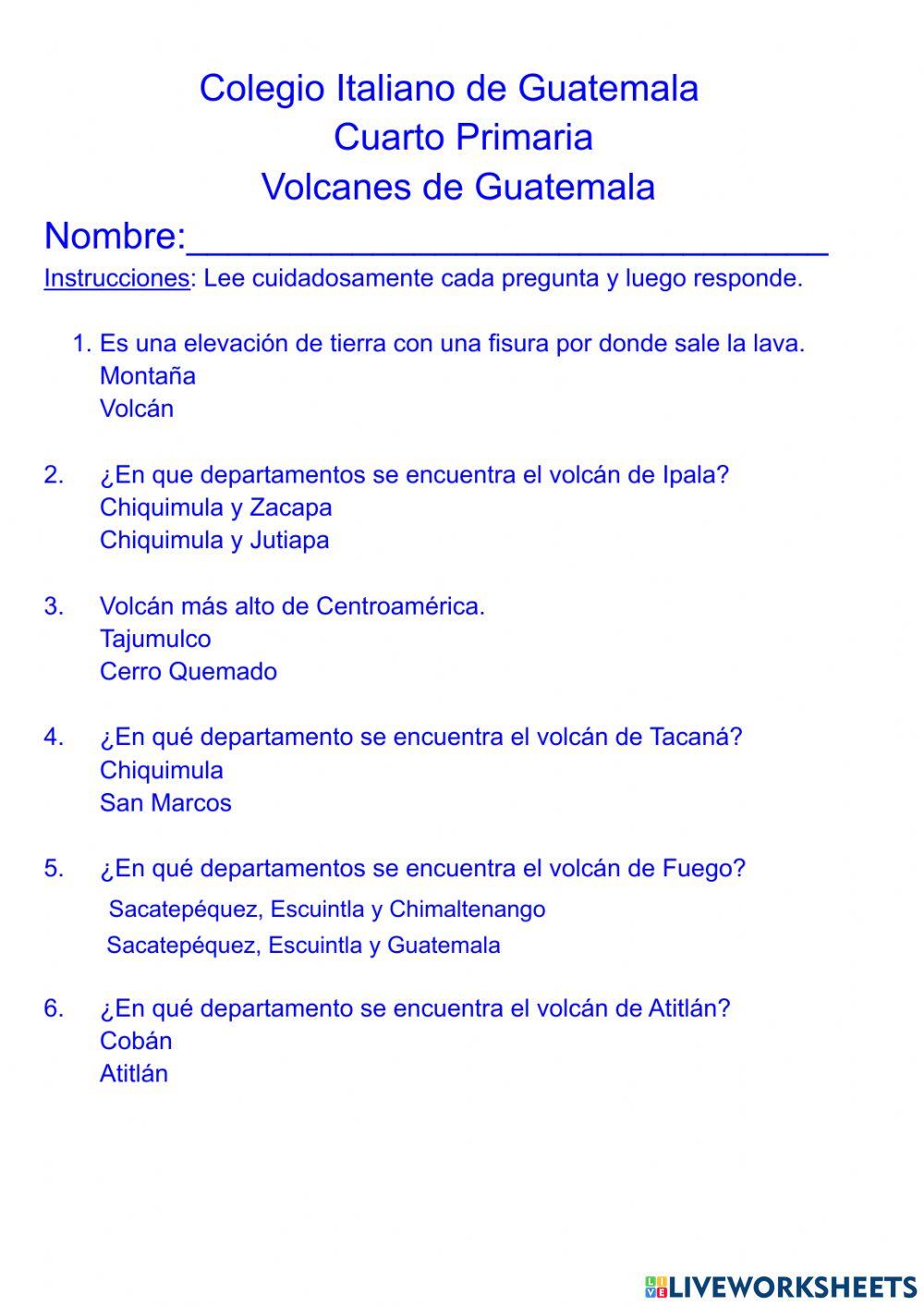 Cuarto Primaria Volcanes de Guatemala online exercise for | Live Worksheets