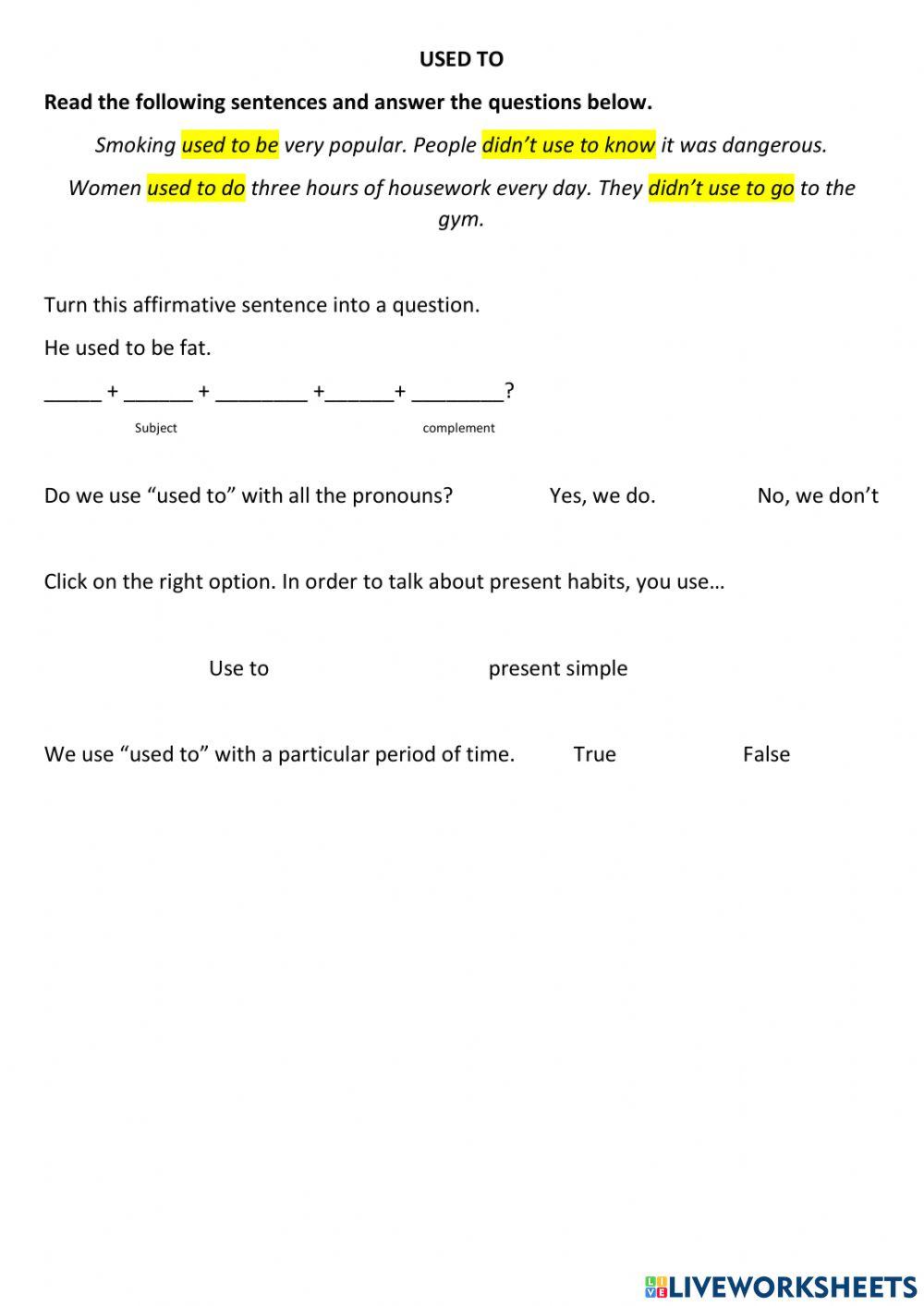 Used to online exercise for intemediate | Live Worksheets