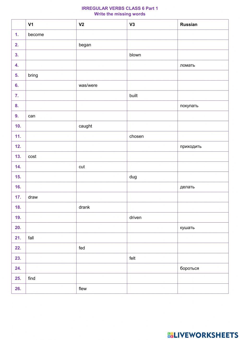 Irregular Verbs Class 6 Part 1 worksheet | Live Worksheets