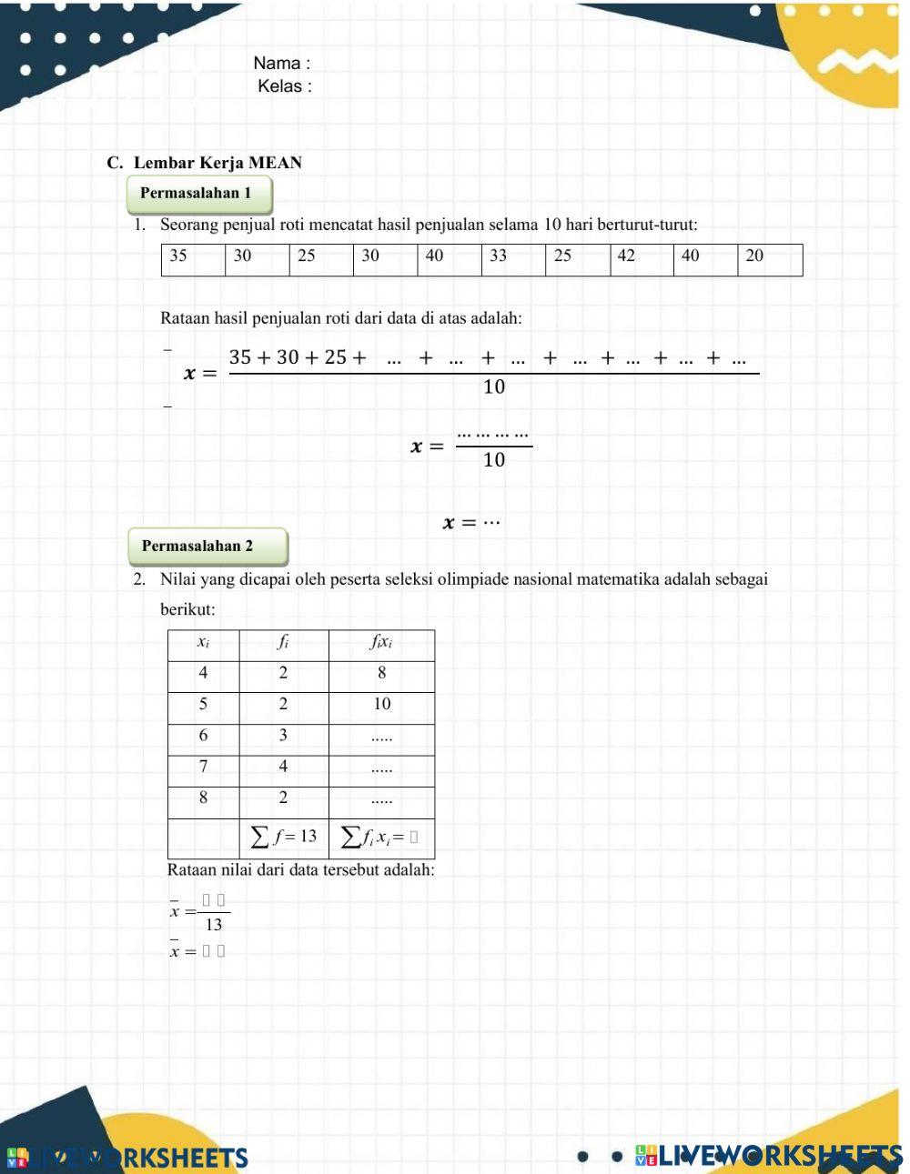 Mean modus worksheet | Live Worksheets