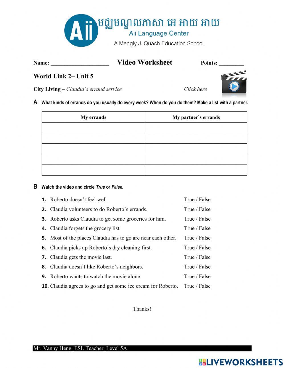 WL2 3rd Edition Unit 5A-Video Worksheet worksheet | Live Worksheets