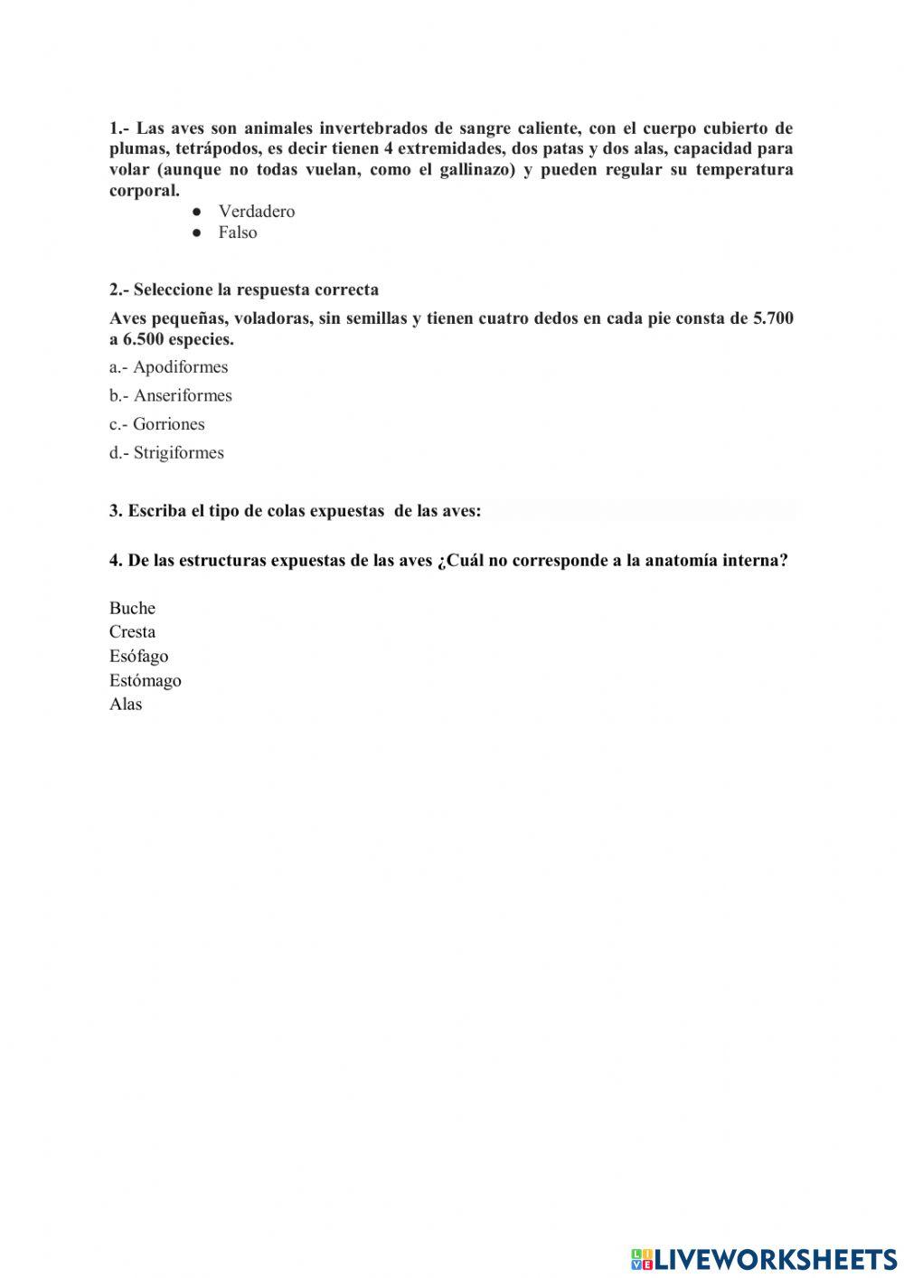 Aves Biología exercise | Live Worksheets