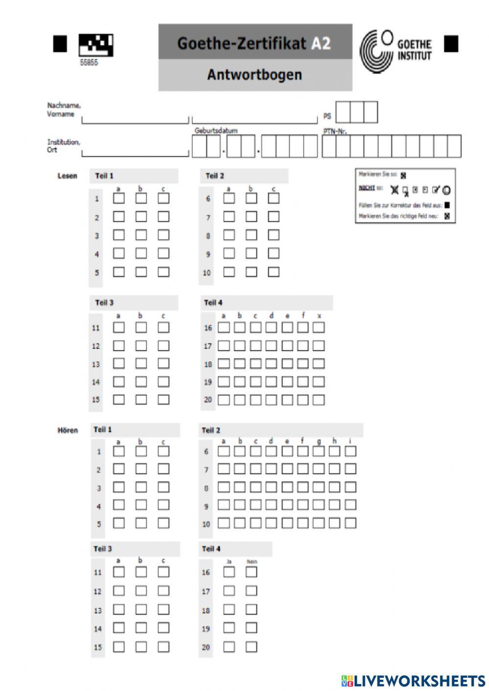 A2 Lesen Antwortbogen (einziges Modul) 2865097