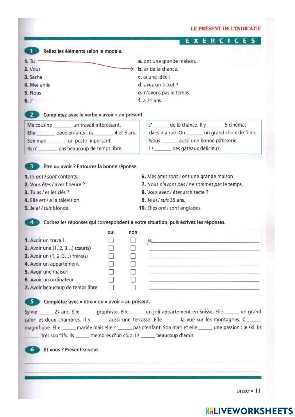 verbe avoir online exercise for | Live Worksheets