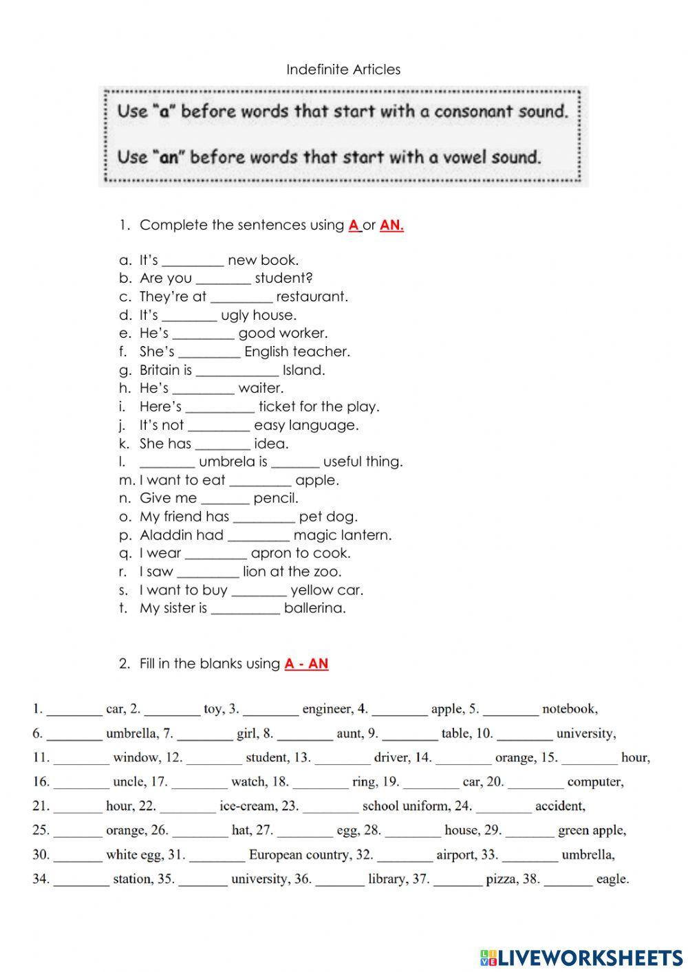 Indefinite Articles free exercise | Live Worksheets
