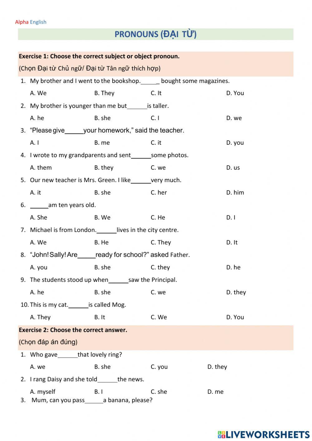 BT04-Grammar tuần 2 worksheet | Live Worksheets