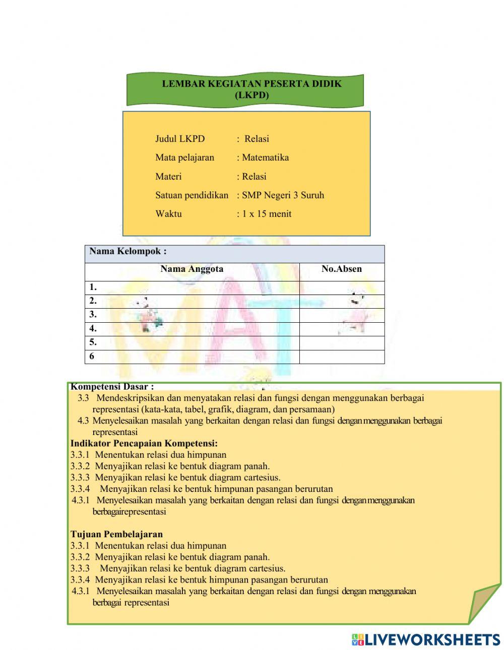 LKPD Relasi dan Fungsi online activity | Live Worksheets