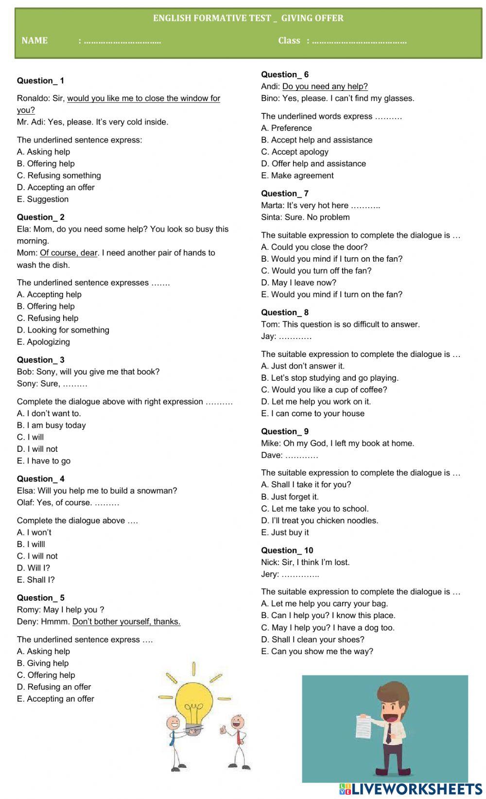 English Formative Test-Giving Offer worksheet | Live Worksheets