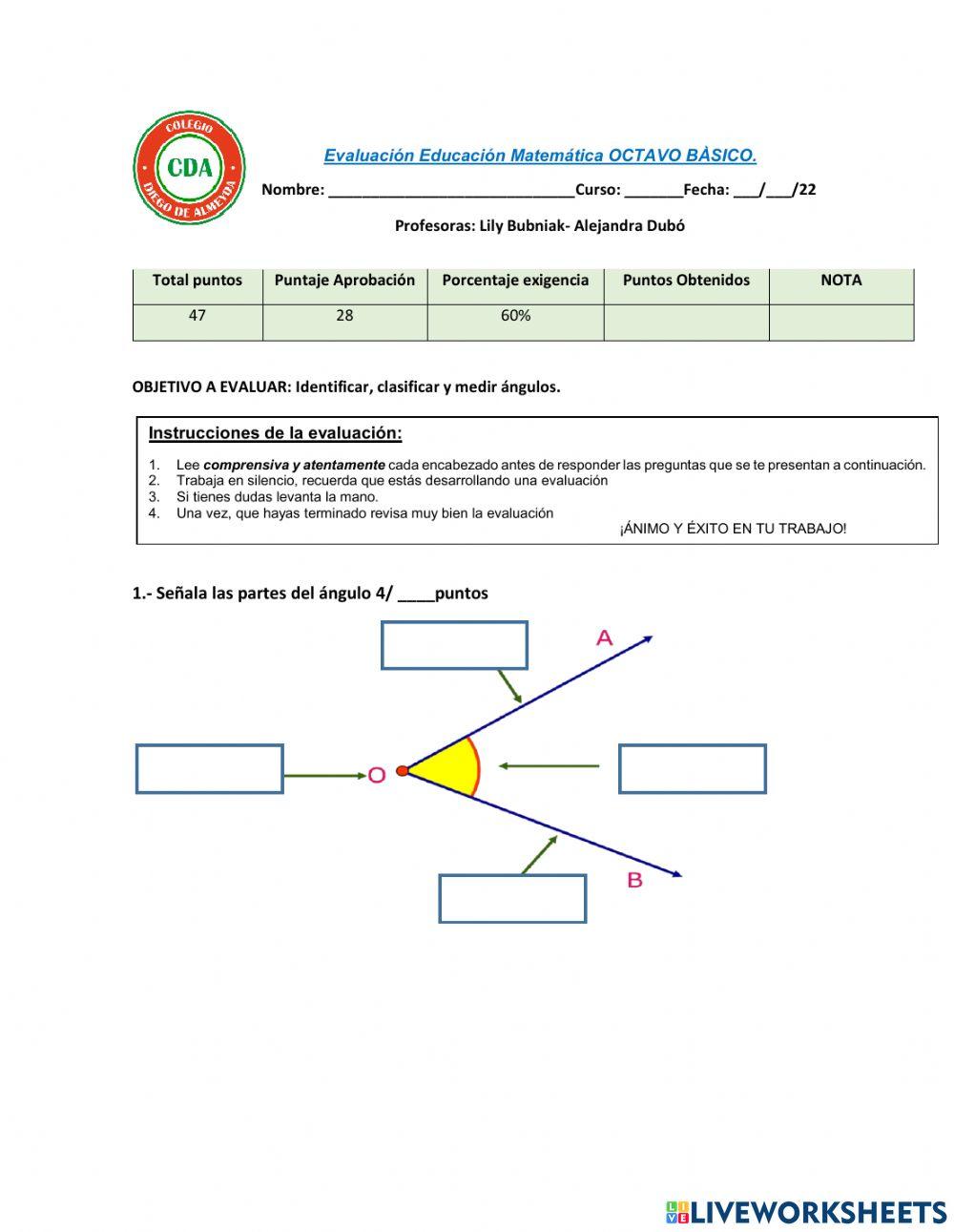 Prueba àngulos worksheet | Live Worksheets
