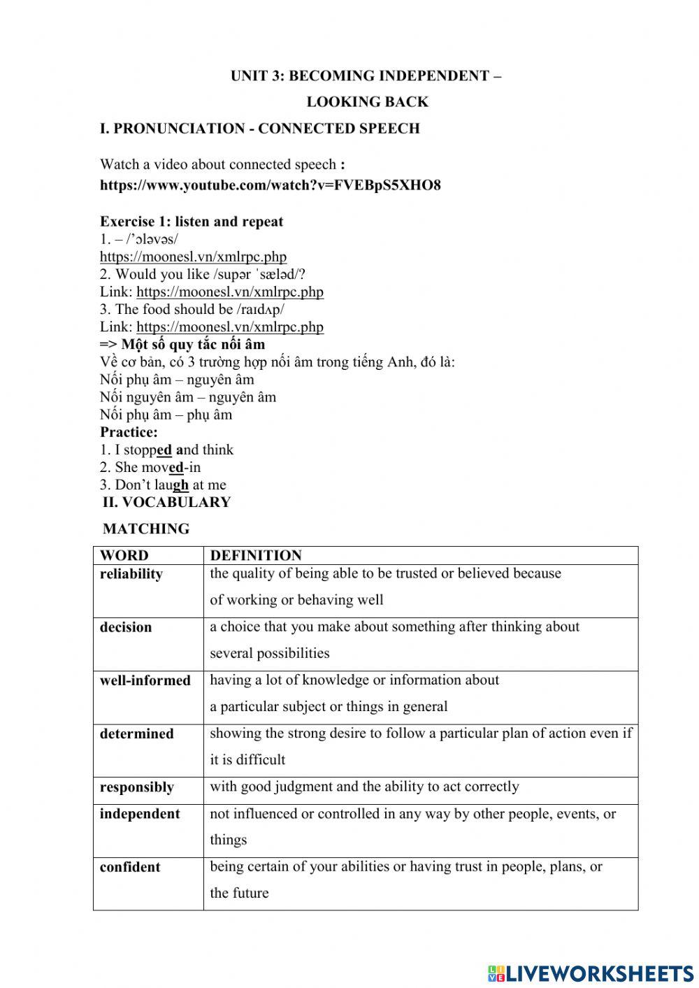 English 11: Unit 3 - Looking back worksheet | Live Worksheets