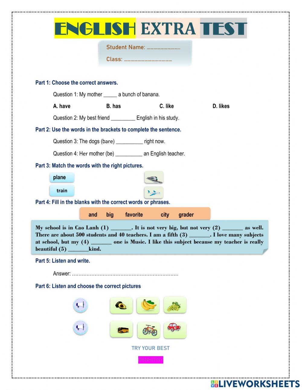English Test online exercise for Grade 3 | Live Worksheets