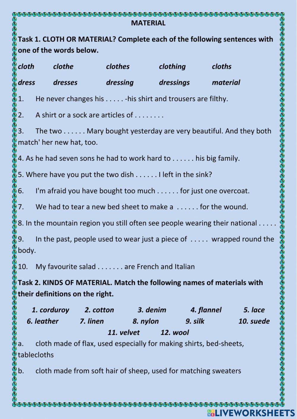 Material interactive activity for 11 | Live Worksheets