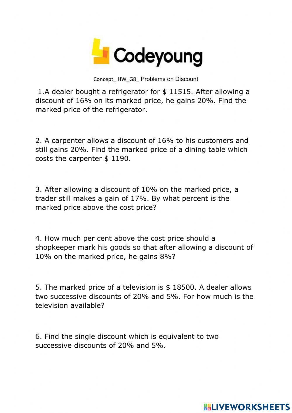 Concept- HW-G8- Problems on Discount worksheet | Live Worksheets