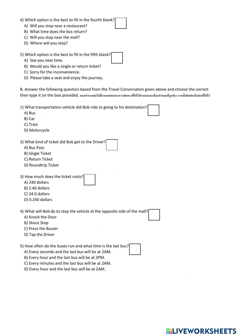 Travel Conversation - At the Bus online exercise for | Live Worksheets