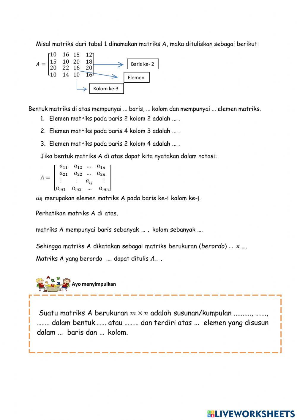 LKPD Pengertian - Jenis Matriks online exercise for | Live Worksheets