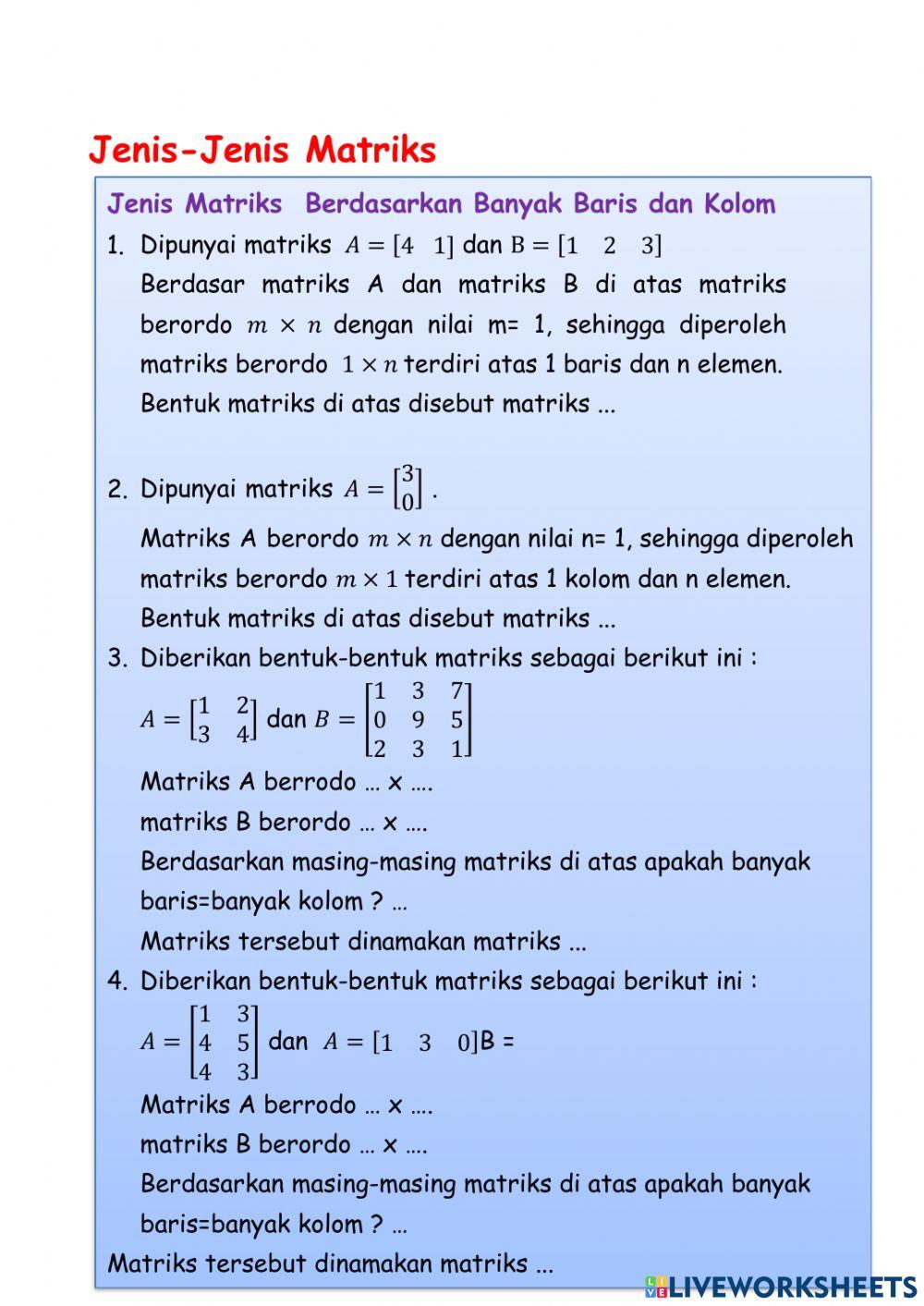 LKPD Pengertian - Jenis Matriks online exercise for | Live Worksheets