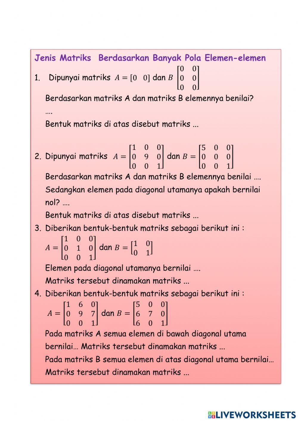 LKPD Pengertian - Jenis Matriks online exercise for | Live Worksheets