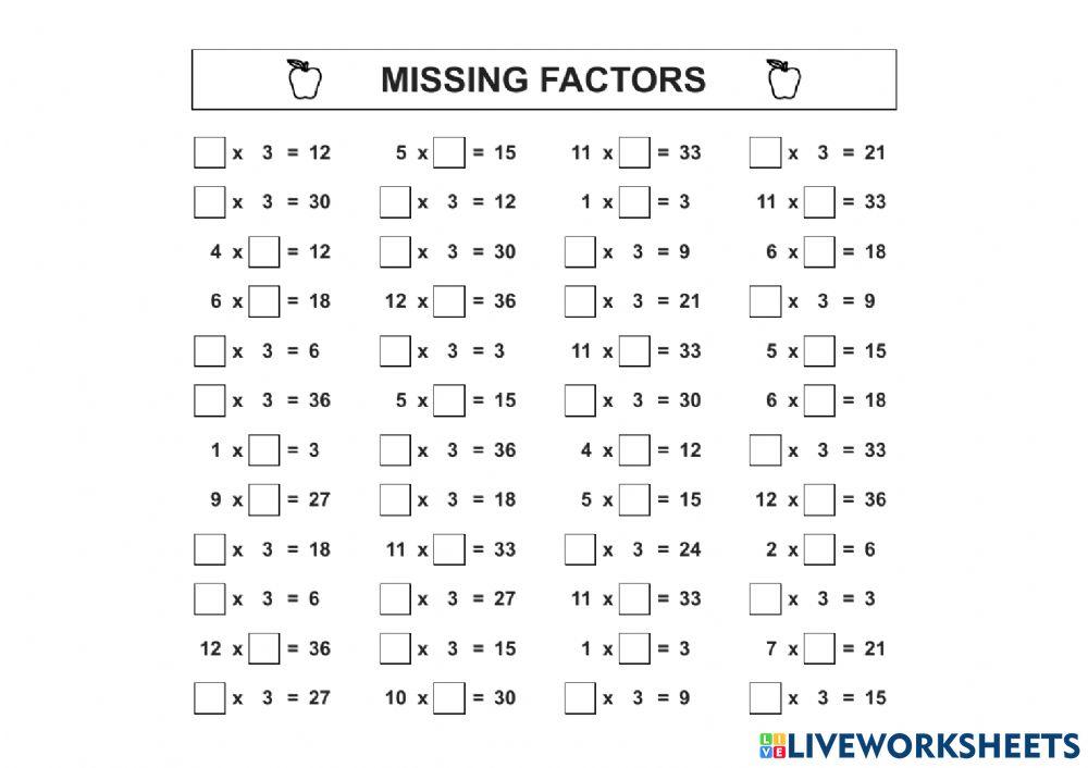 Missing factor | Free Interactive Worksheets | 2117184