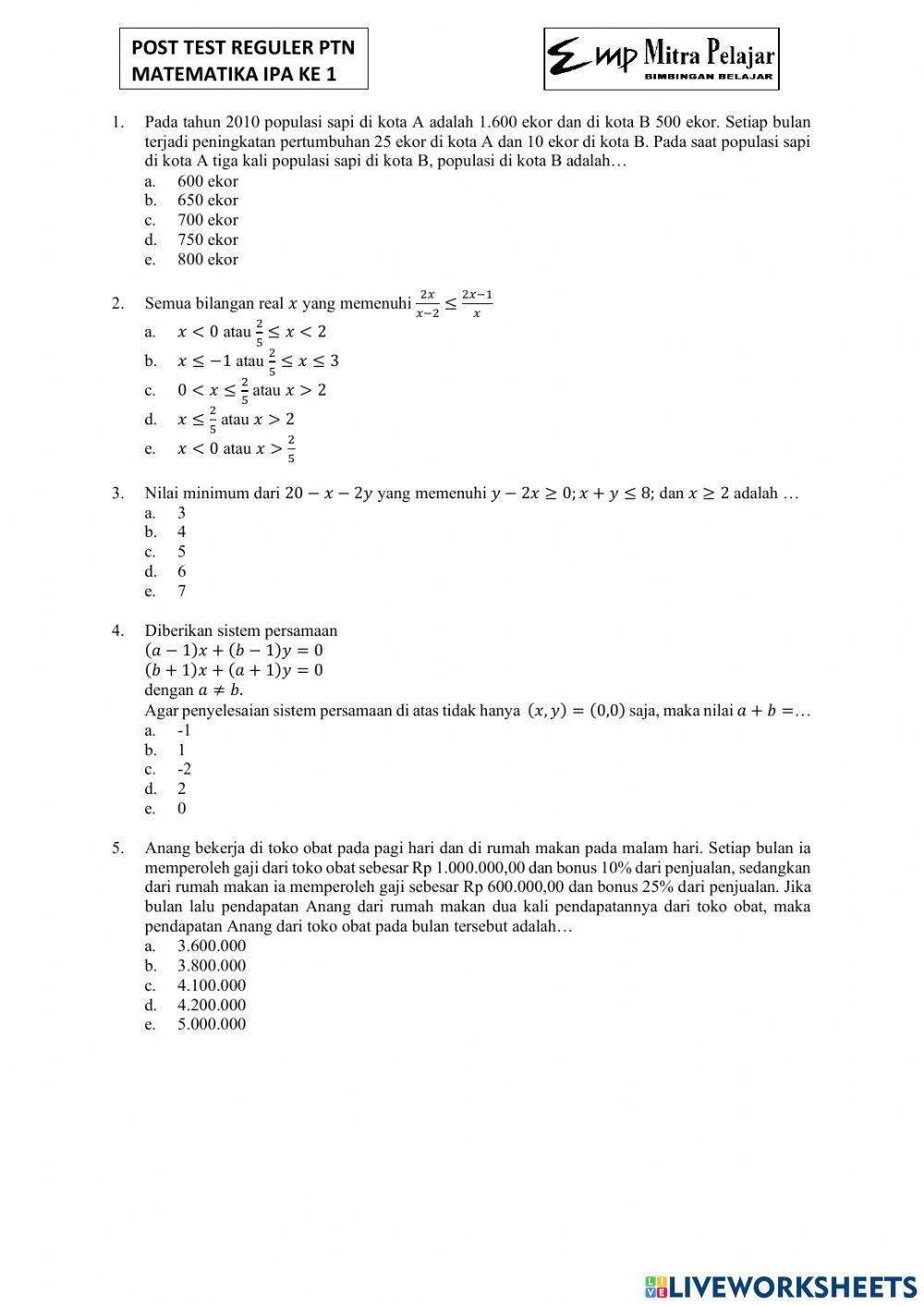 Post test mtk paket 1 2117296 | MITRA PELAJAR CINERE