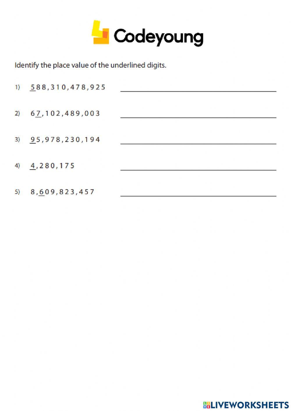 Understanding 10 Digit numbers Concept CW interactive worksheet | Live ...