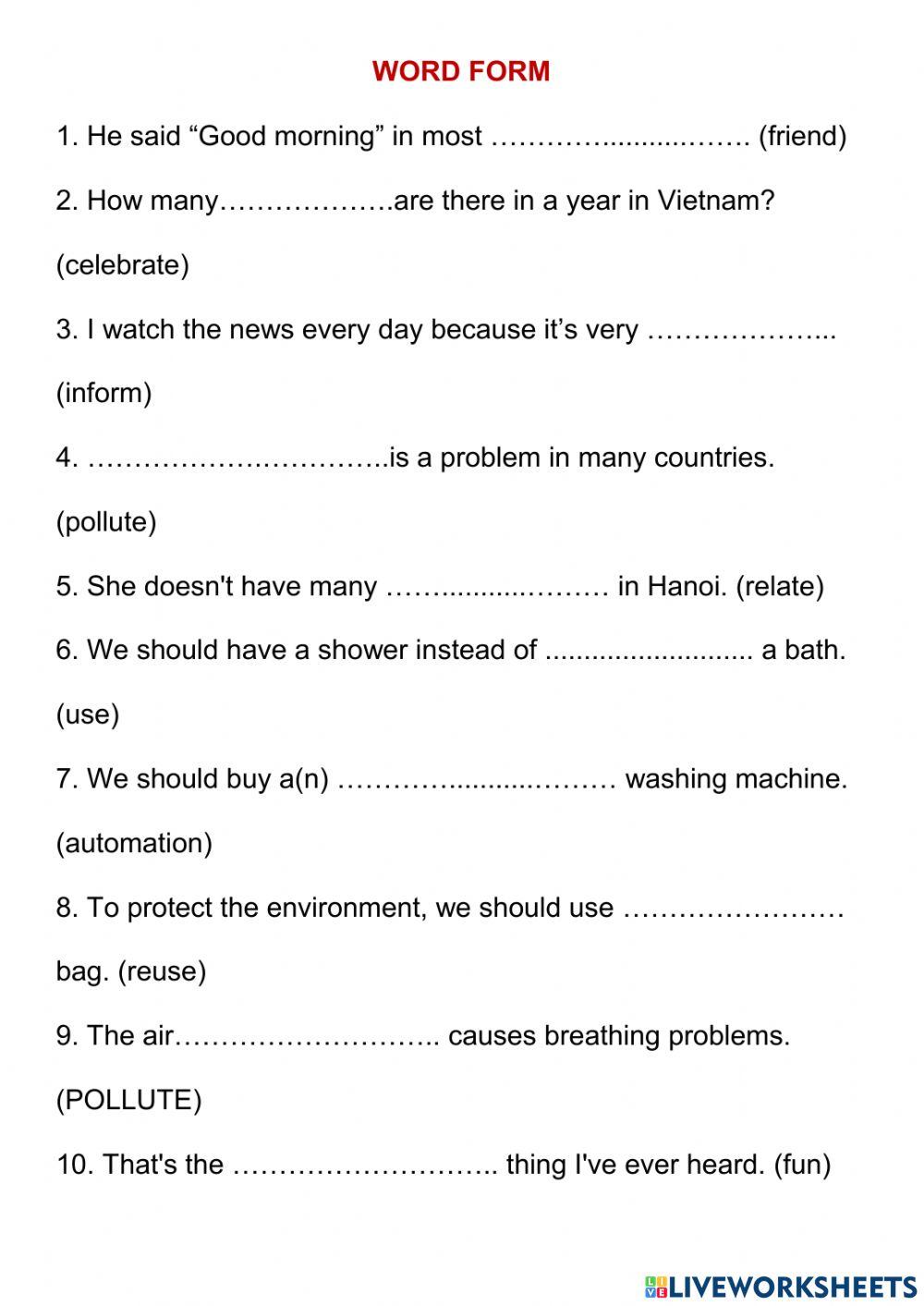 Word form 6 activity | Live Worksheets