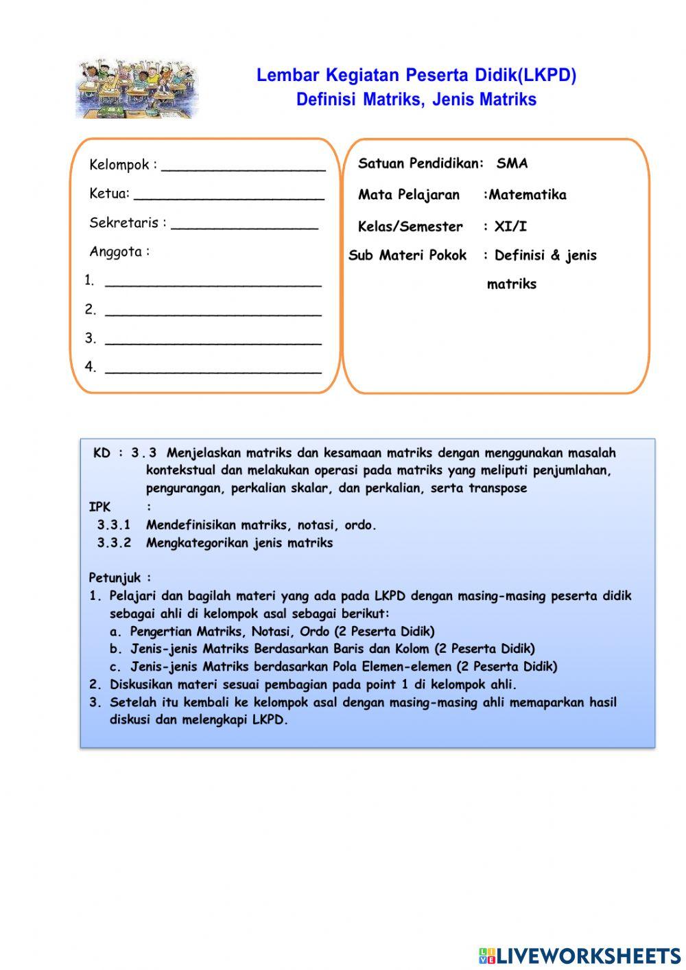 LKPD 1 Pengertian - Jenis Matriks online exercise for | Live Worksheets