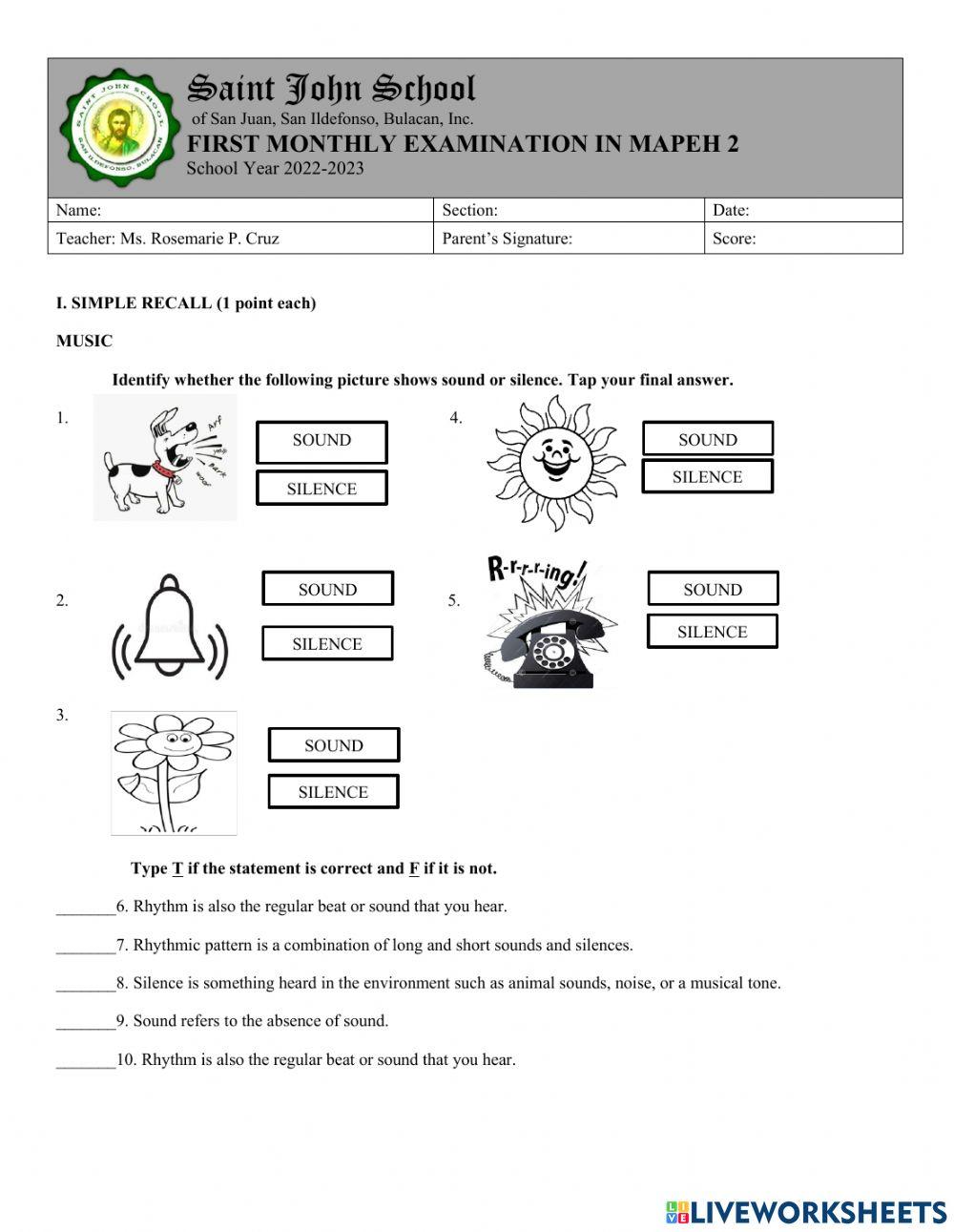MAPEH 2 2867559 | Teacherrosemarie | Live Worksheets