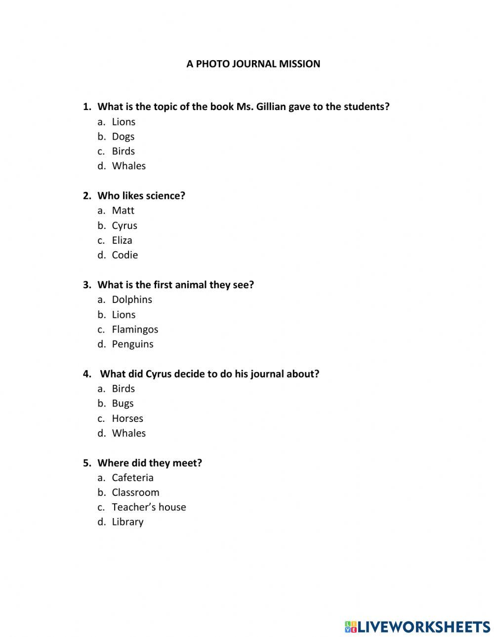 A photo journal mission online exercise for | Live Worksheets