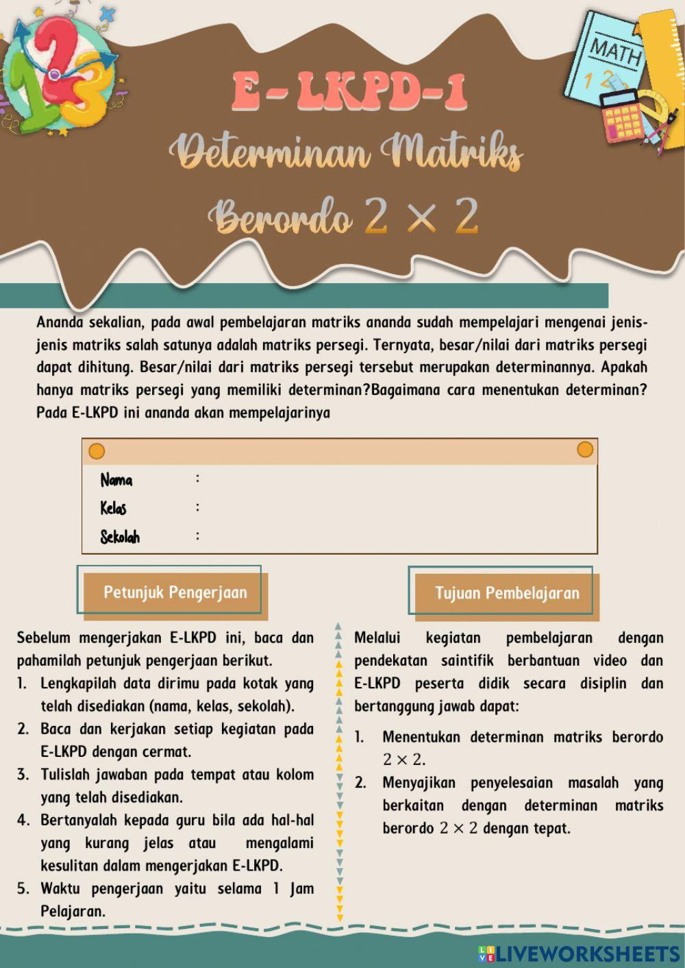 E-LKPD-1 DETERMINAN MATRIKS BERORDO 2x2 2120045 | Miranda