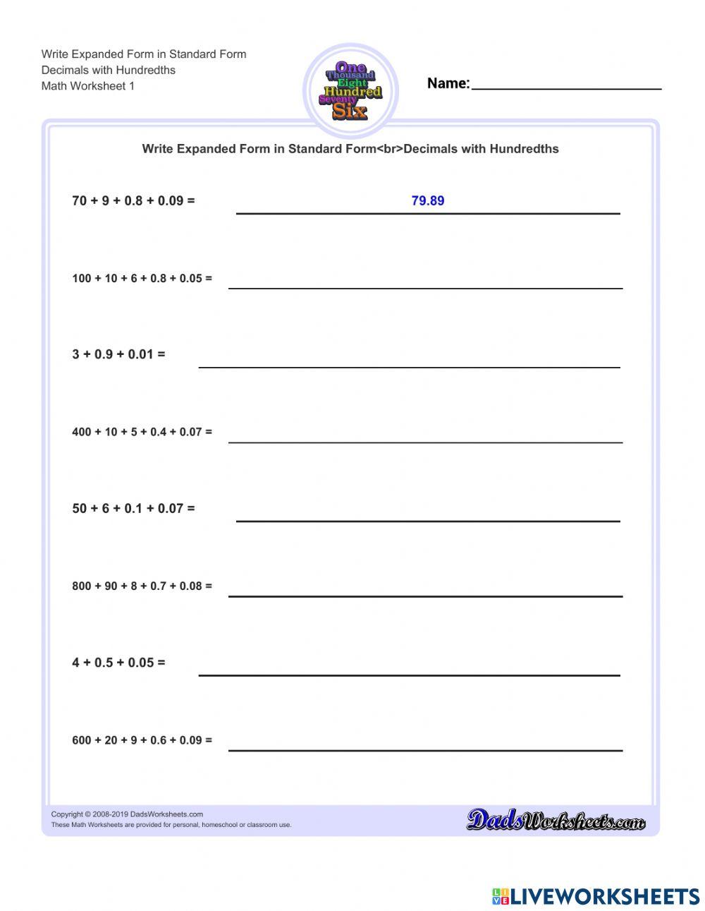 Expanded form to decimals worksheet online exercise for | Live Worksheets