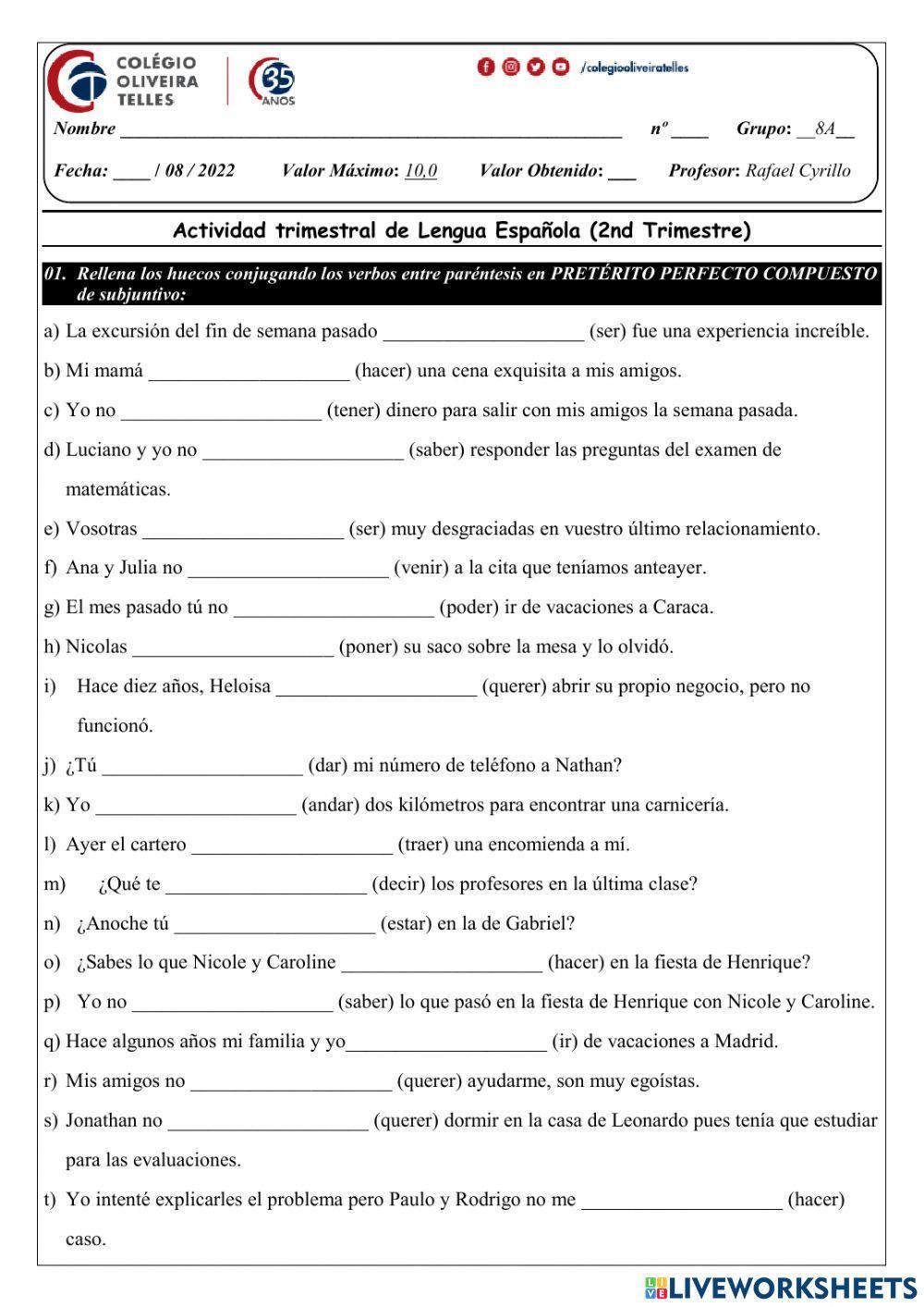 Pretérito Indefinido (irregulares) II online exercise for | Live Worksheets