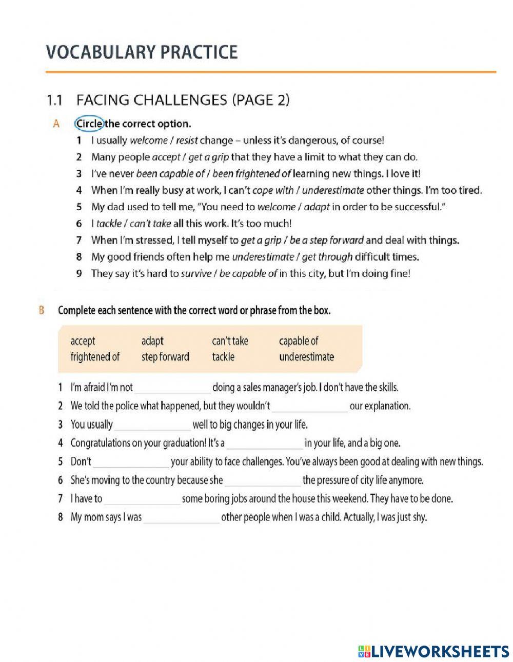 FACING CHALLENGES EVOLVE 5A online exercise for | Live Worksheets