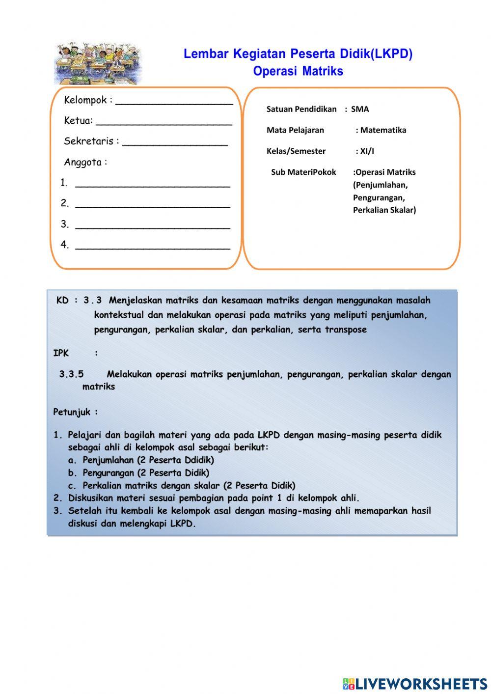 LKPD Operasi Matriks online exercise for | Live Worksheets