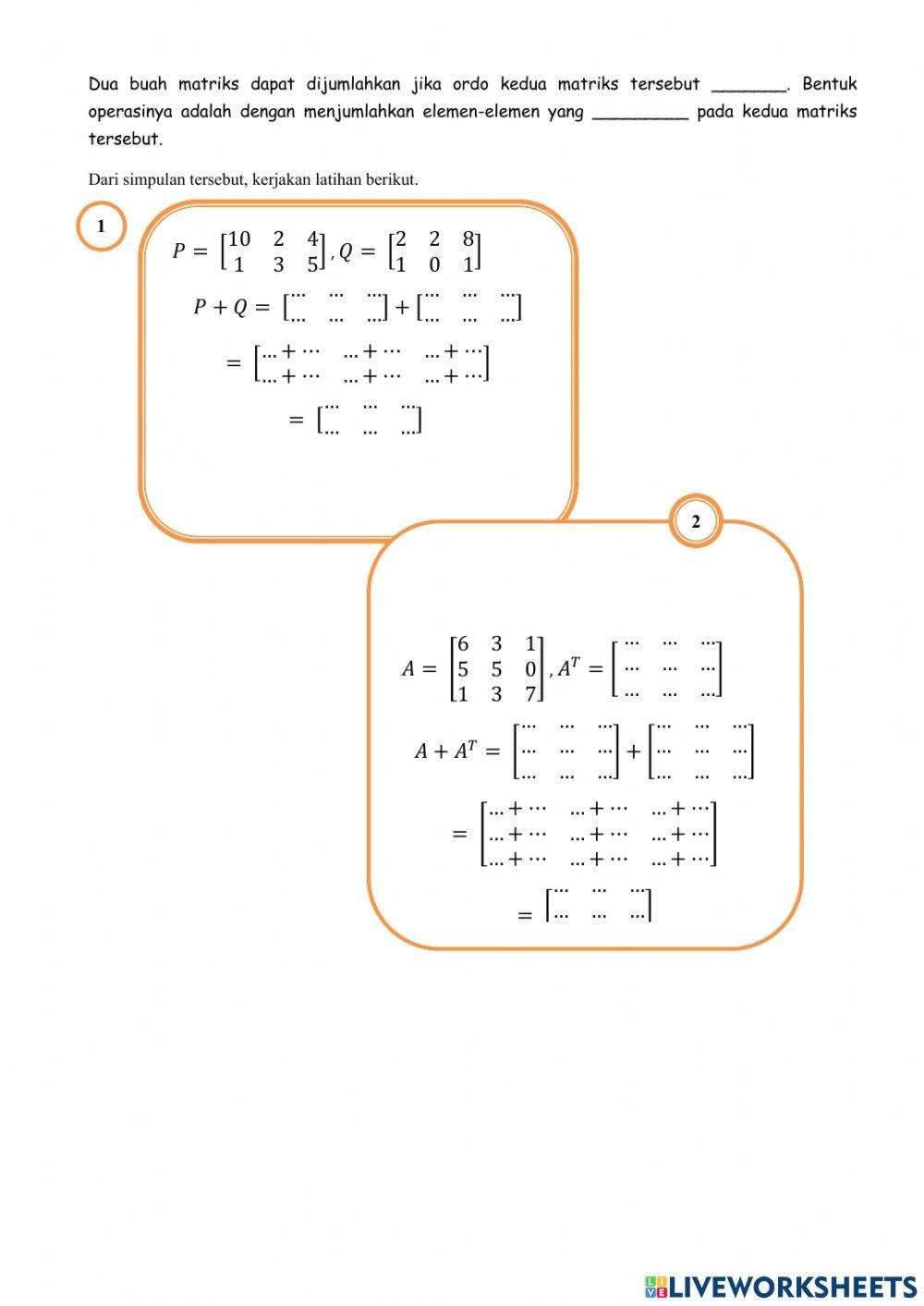 LKPD Operasi Matriks online exercise for | Live Worksheets