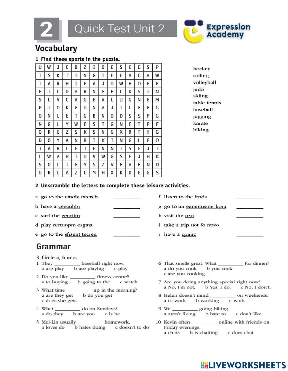 Quick 2 book 2 worksheet | Live Worksheets