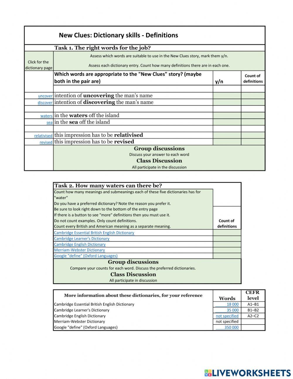 New Clues: Dictionary skills - Definitions worksheet | Live Worksheets