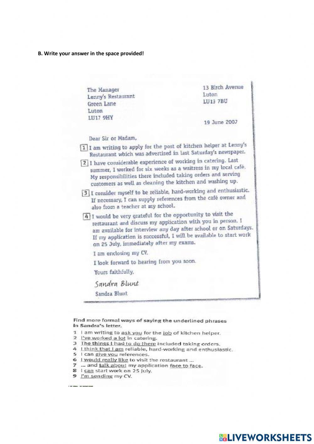 A PRACTICE OF JOB APPLICATION LETTER 2 online exercise for | Live ...