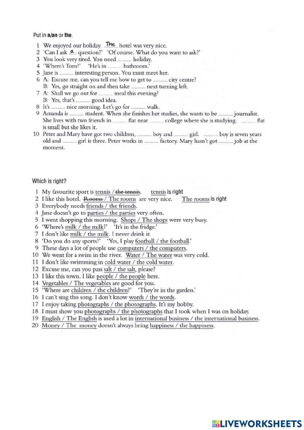 Articles online exercise for A2 | Live Worksheets