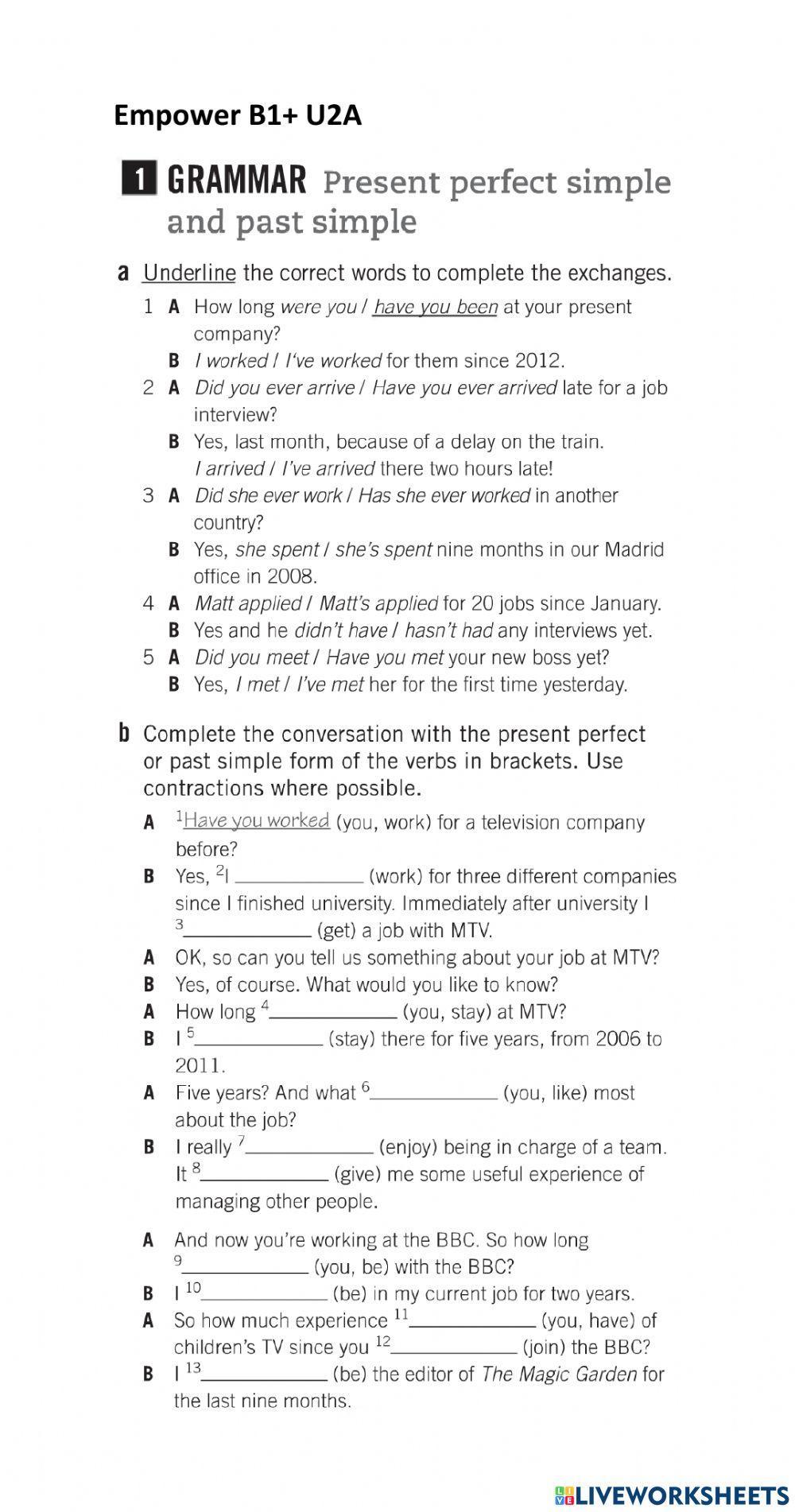 Empower B1+ U2A | Free Interactive Worksheets | 2120629