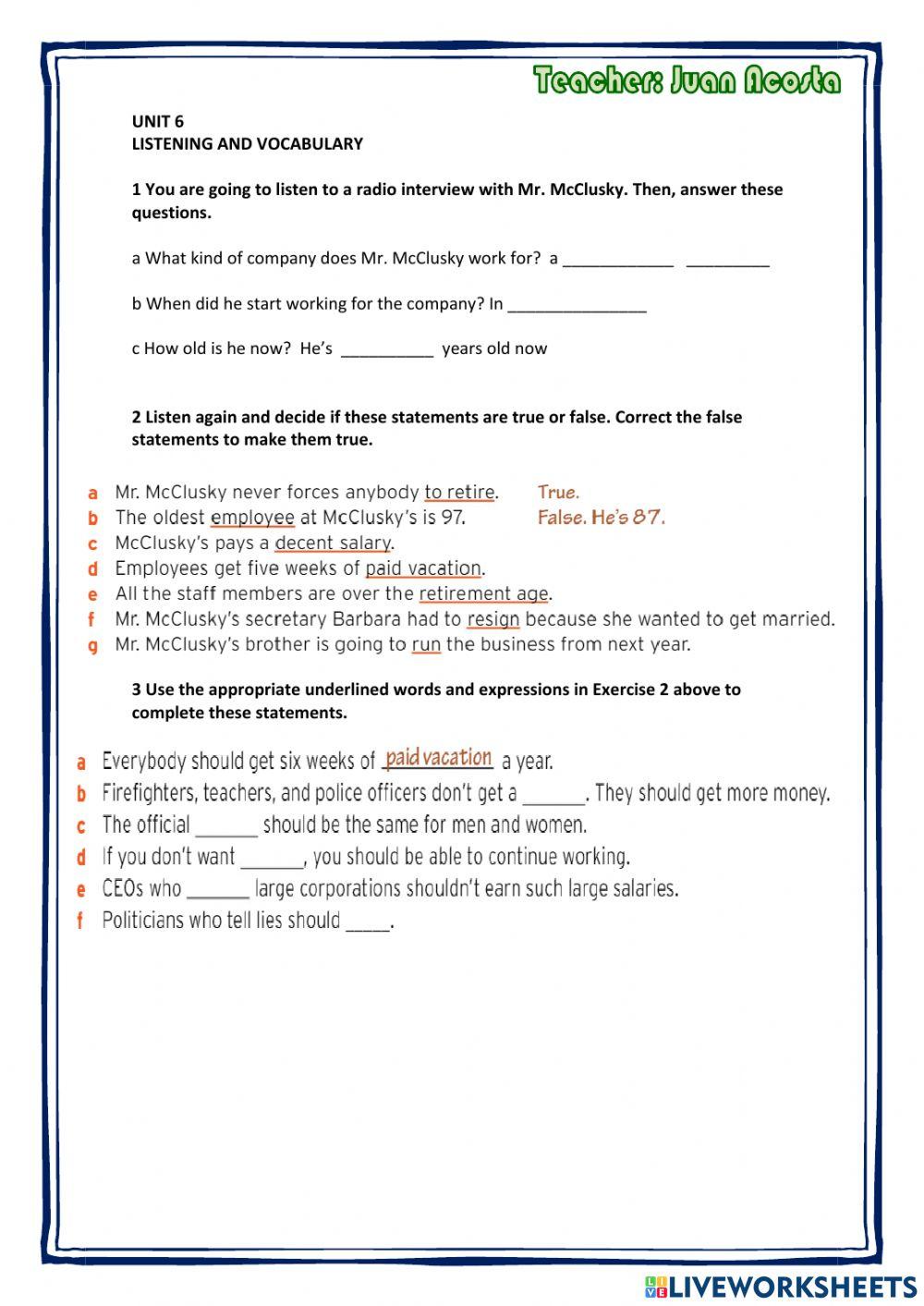 Listening comprehension online exercise for basic | Live Worksheets